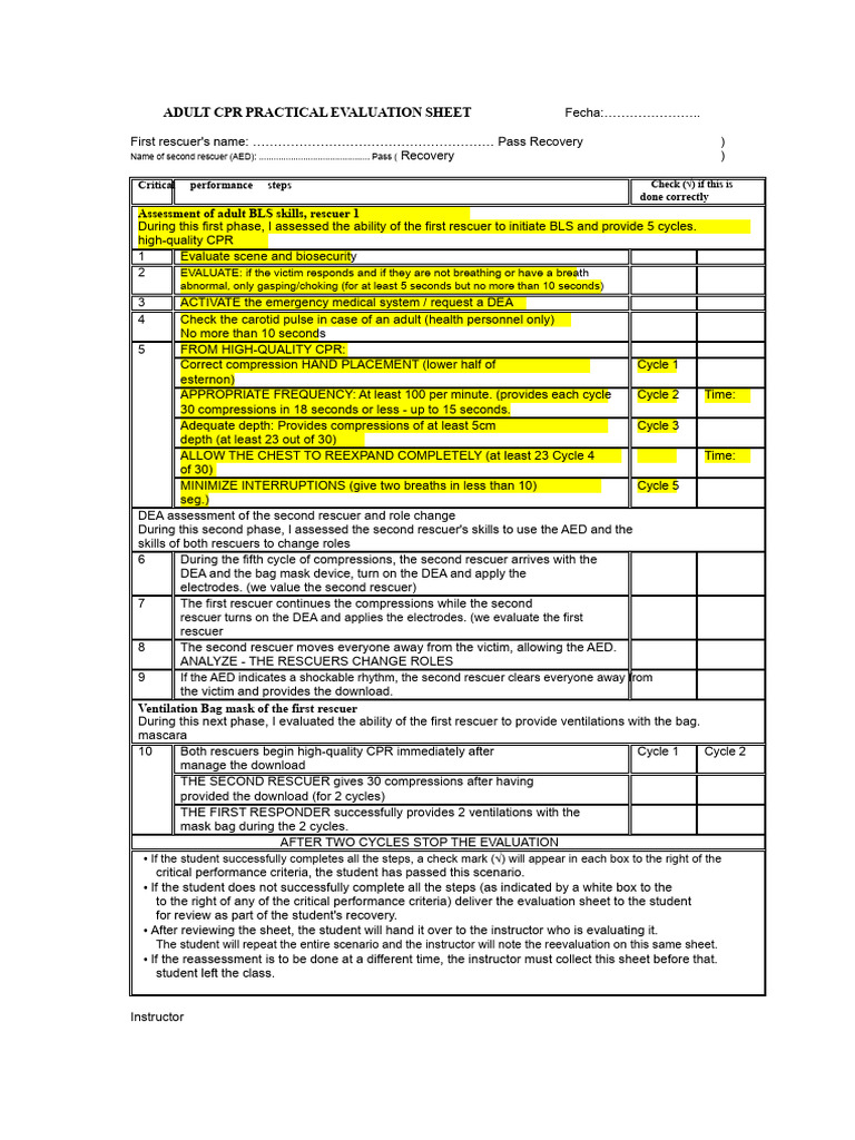 Adult CPR Evaluation Checklist | PDF | Cardiopulmonary Resuscitation ...