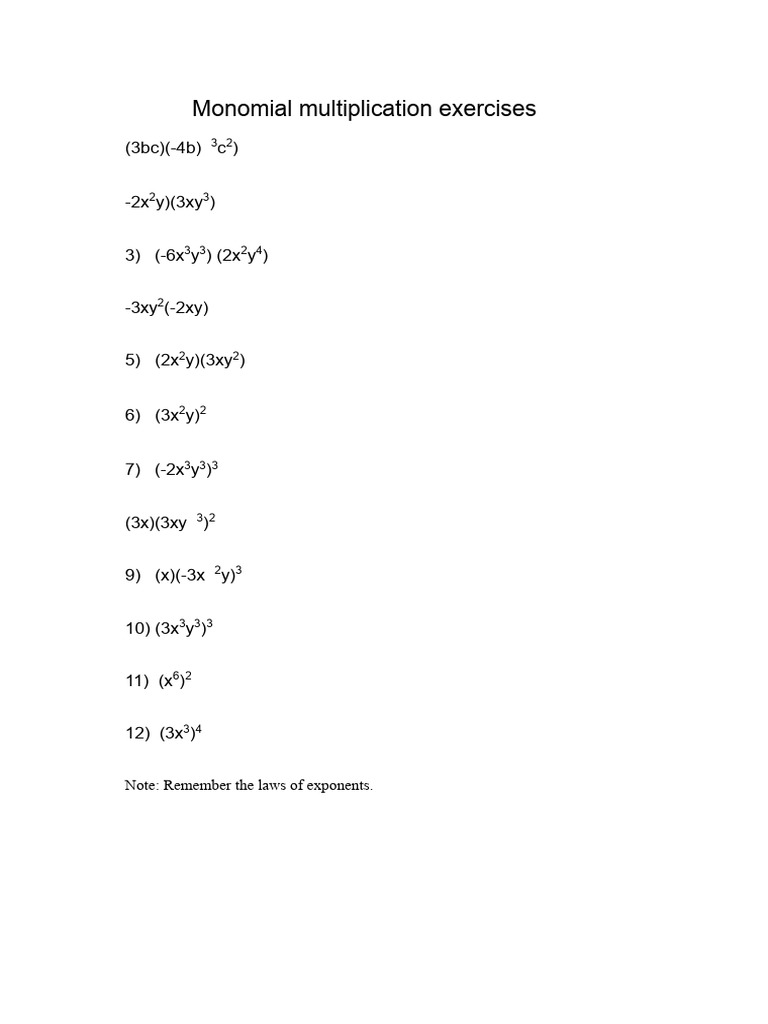 Monomial Multiplication Exercises | PDF