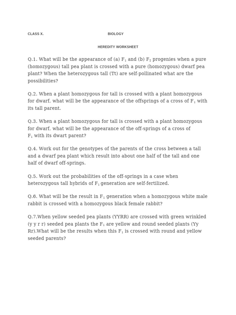 Class X Biology Heredity Worksheet | PDF