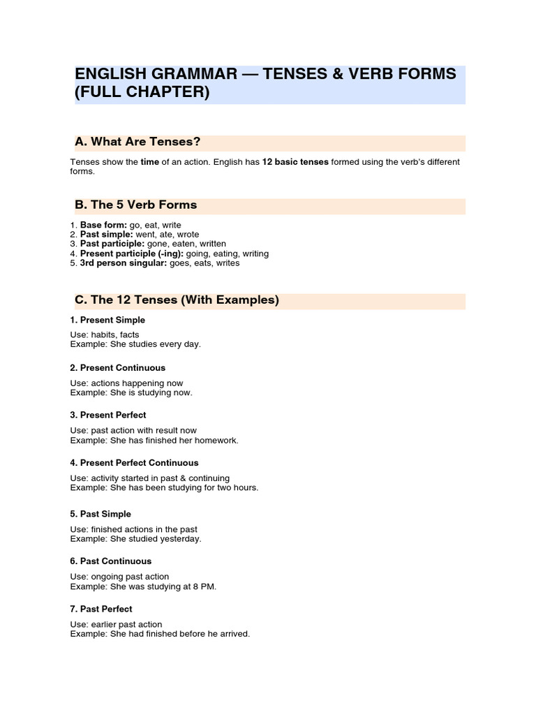 Tenses Verb Forms Full Chapter | PDF | Verb | Syntax