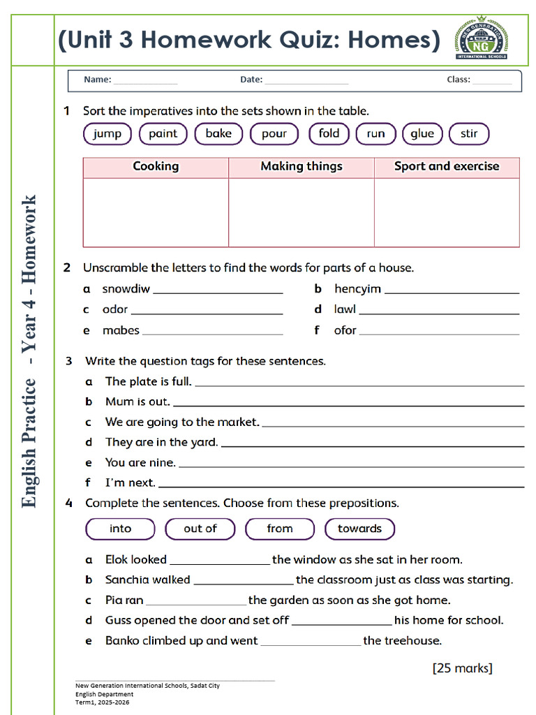 Year 4 English Homework Quiz: Homes | PDF