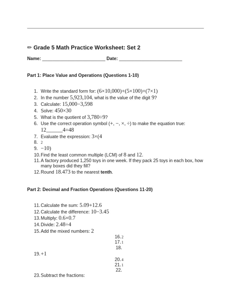 Grade 5 Math Practice Worksheet - Set 2 | PDF | Mathematics | Discrete ...