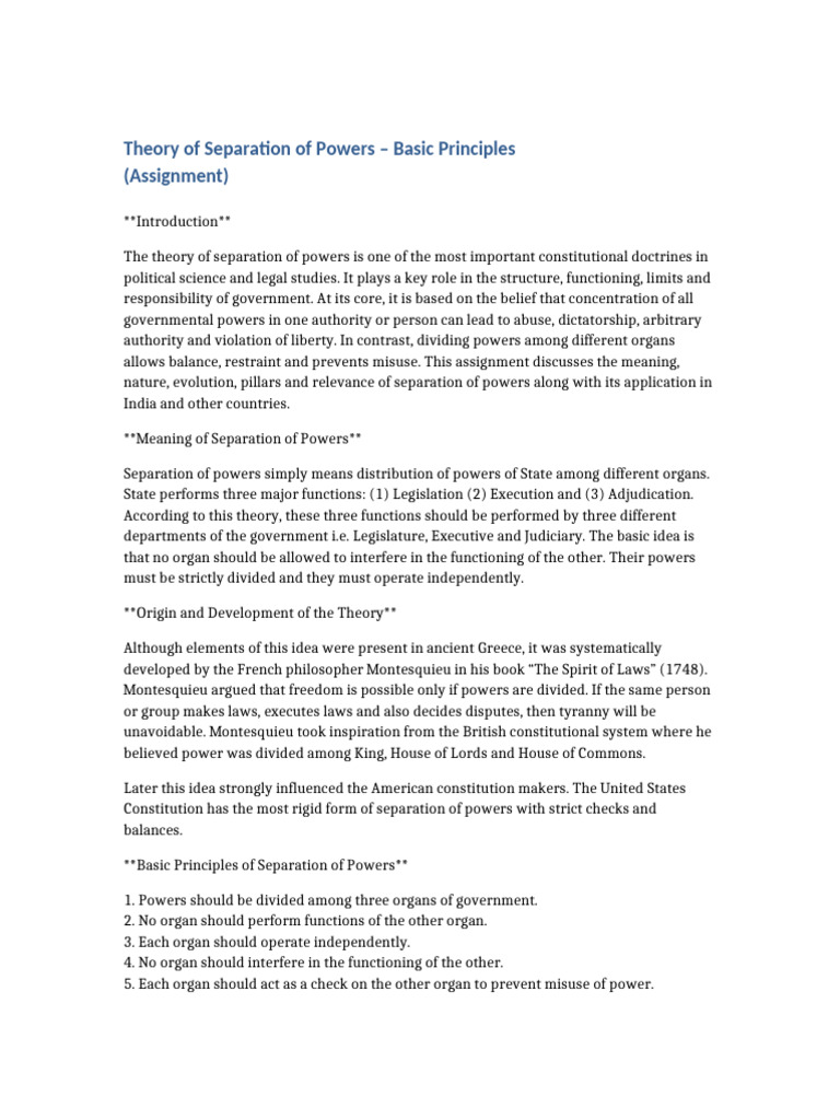 Separation of Powers Assignment | PDF | Separation Of Powers | Governance