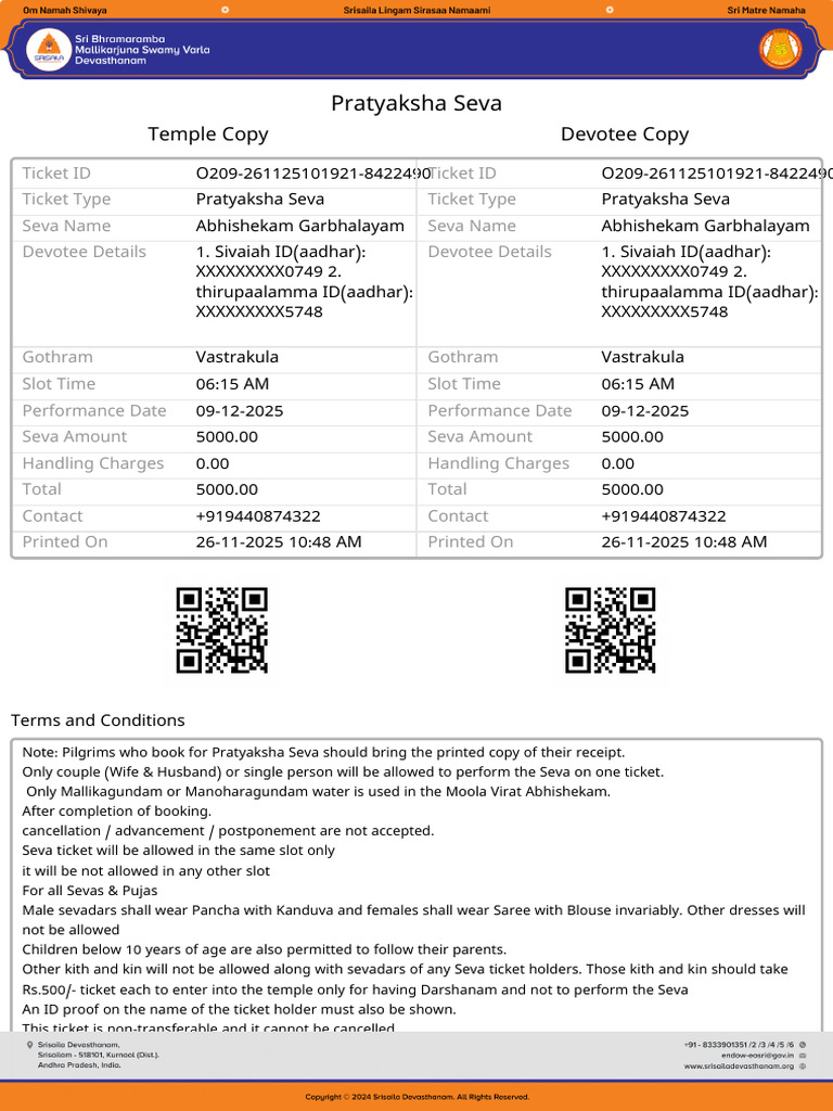 Pratyaksha Seva Booking Details | PDF | Hindu Worship | Indian Religions