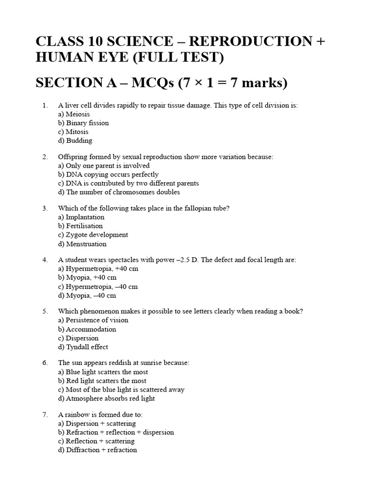 Class 10 Science: Reproduction & Eye Test | PDF | Sexual Reproduction ...