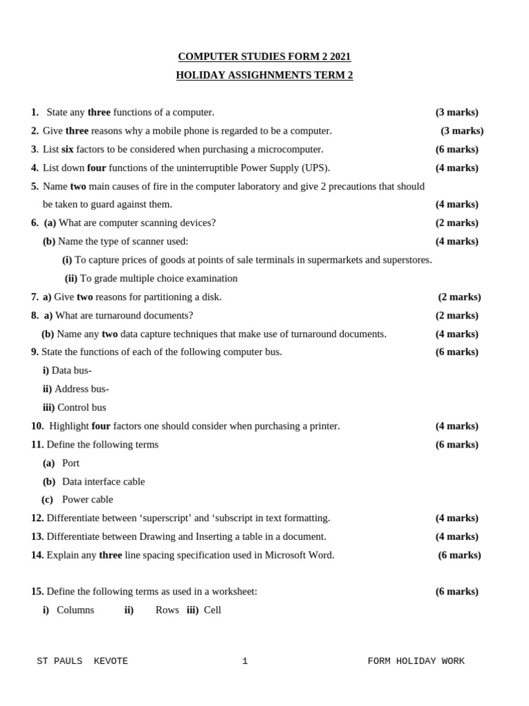 Form 2 Computer Studies Holiday Assignments | PDF | Function ...
