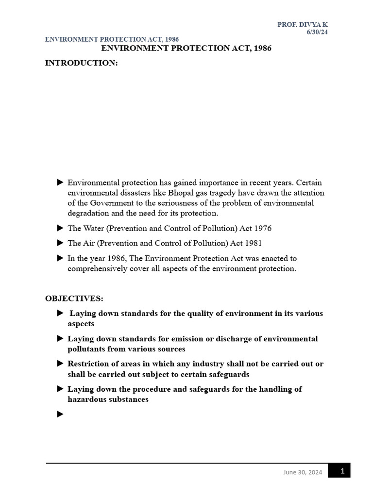 Environment Protection Act, 1986 - Complete Notes | PDF | Environmental ...