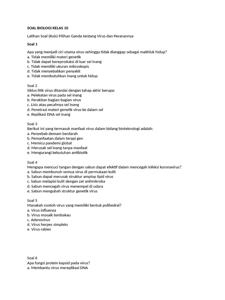 Soal Biologi Kelas 10: Virus dan Peranannya | PDF