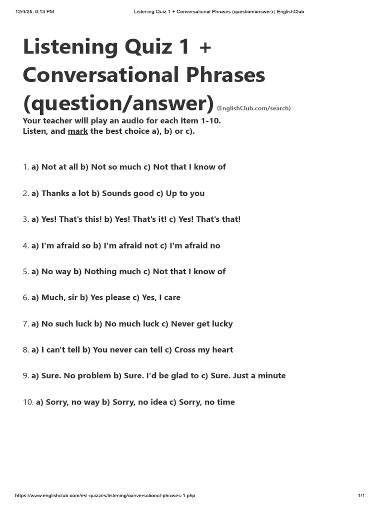 Listening Quiz 1 + Conversational Phrases (Question - Answer ...