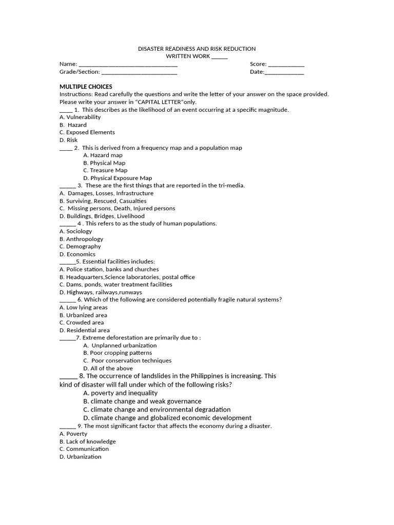 Disaster Readiness and Risk Reduction Quiz | PDF | Hazards