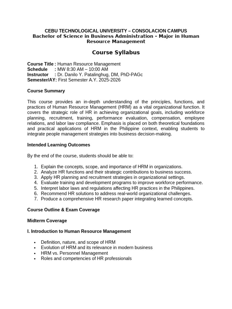 Syllabus Human Resource Management | PDF | Human Resource Management ...