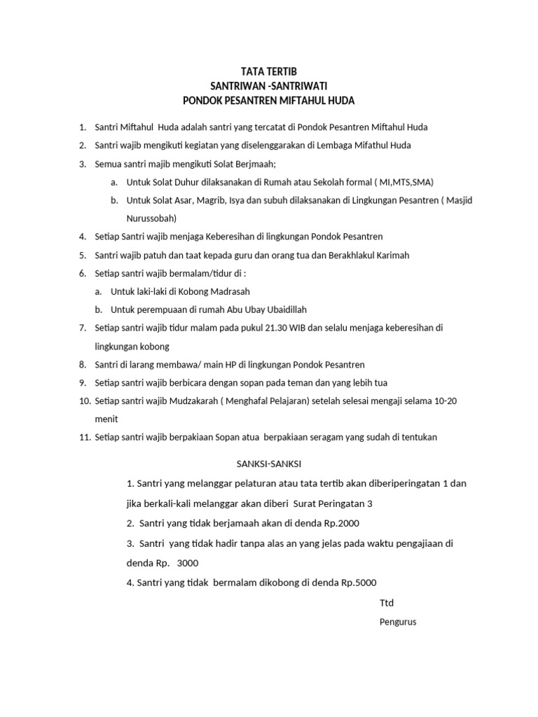 Tata Tertib Santri Pondok Miftahul Huda | PDF