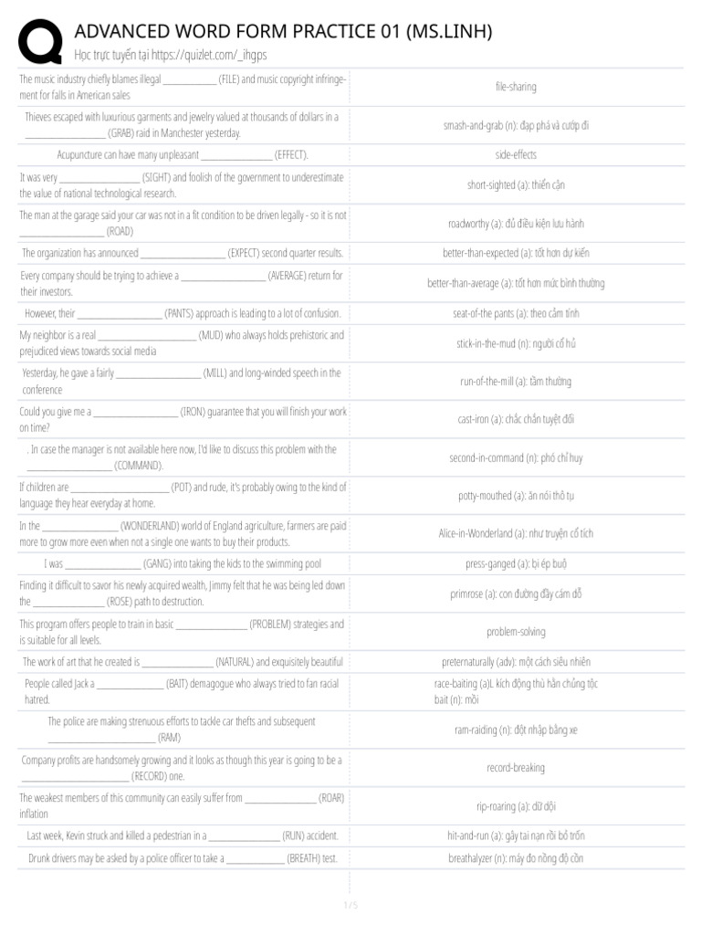 Advanced Word Form Practice 01 (Ms.linh) | PDF