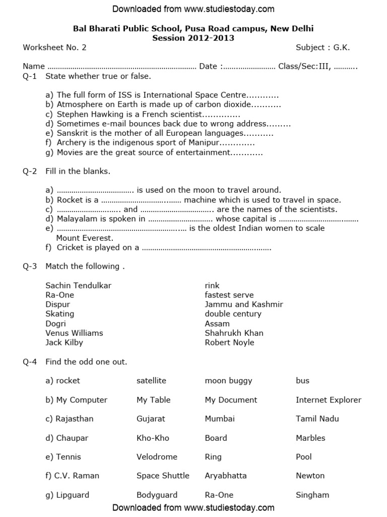 CBSE Class 3 GK Practice Worksheet 5 | PDF
