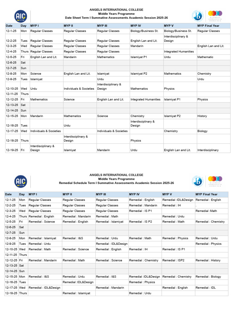 MYP I-Final YearDatesheet-Term I Summative Assessments-2025-26 | PDF