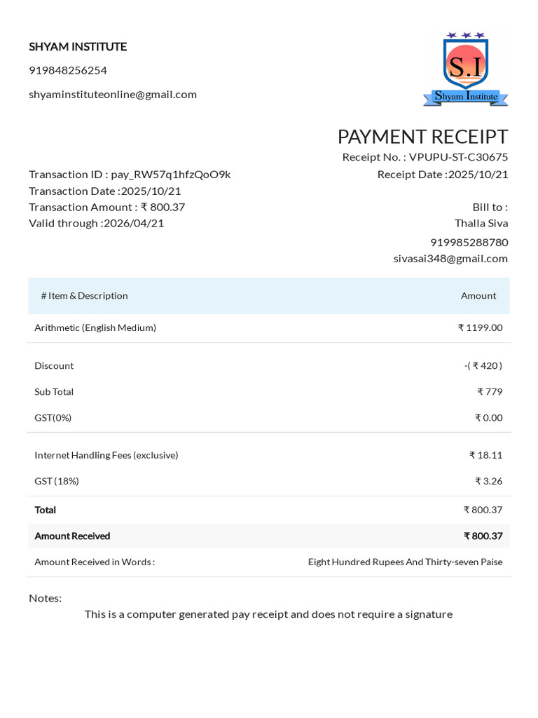 Shyam Institute Payment Receipt | PDF