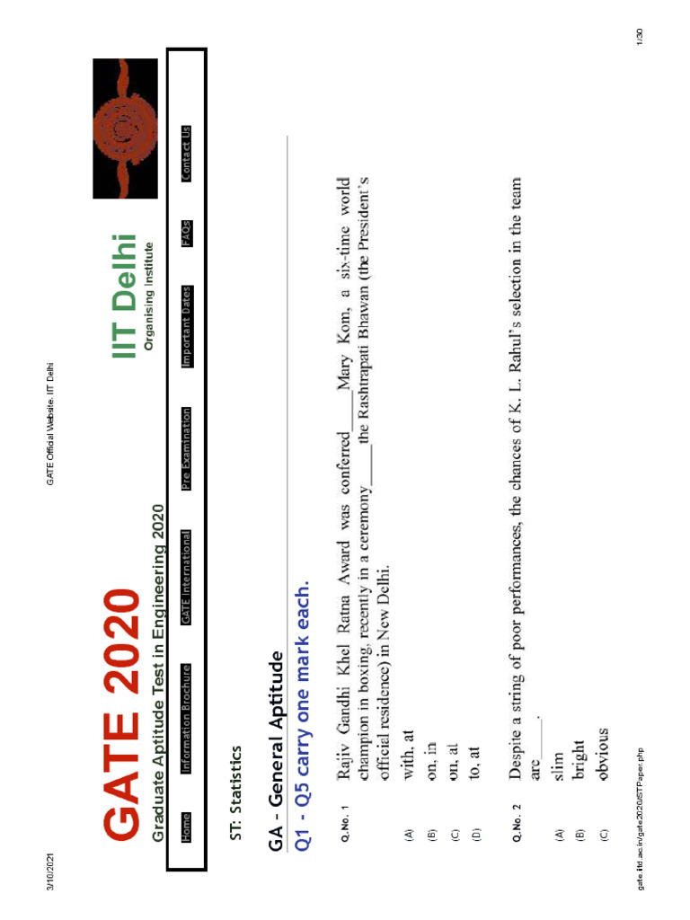 GATE Statistics Paper 2020 | PDF