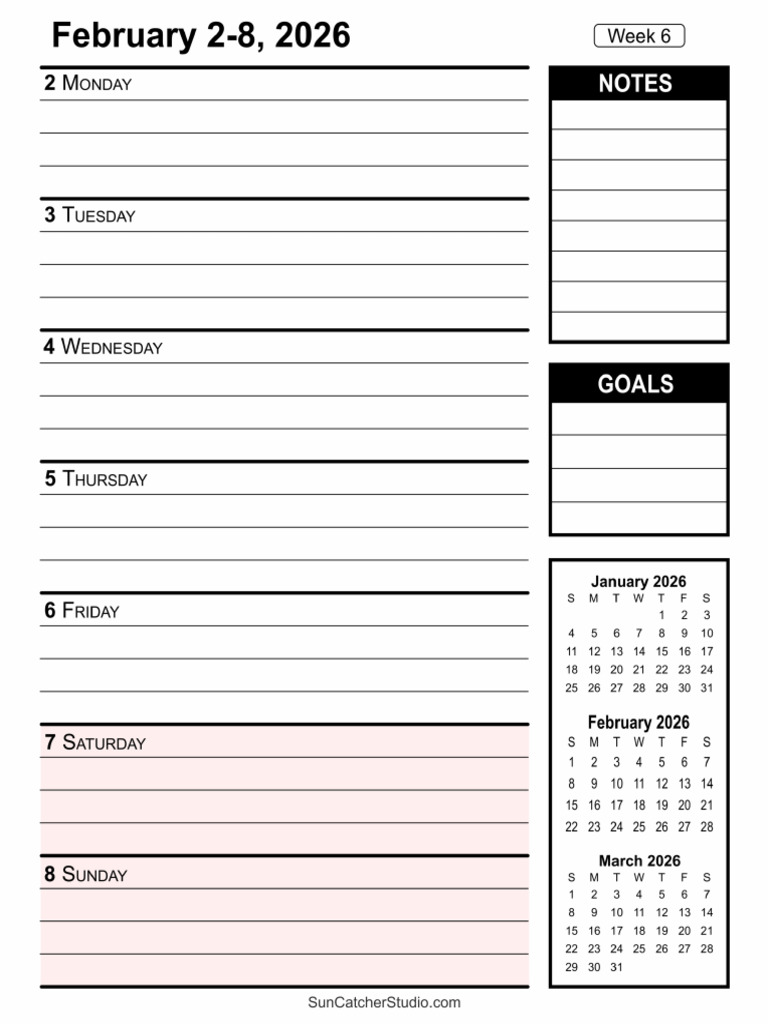 2026 Printable Weekly Calendar Weeks 6 10 | PDF