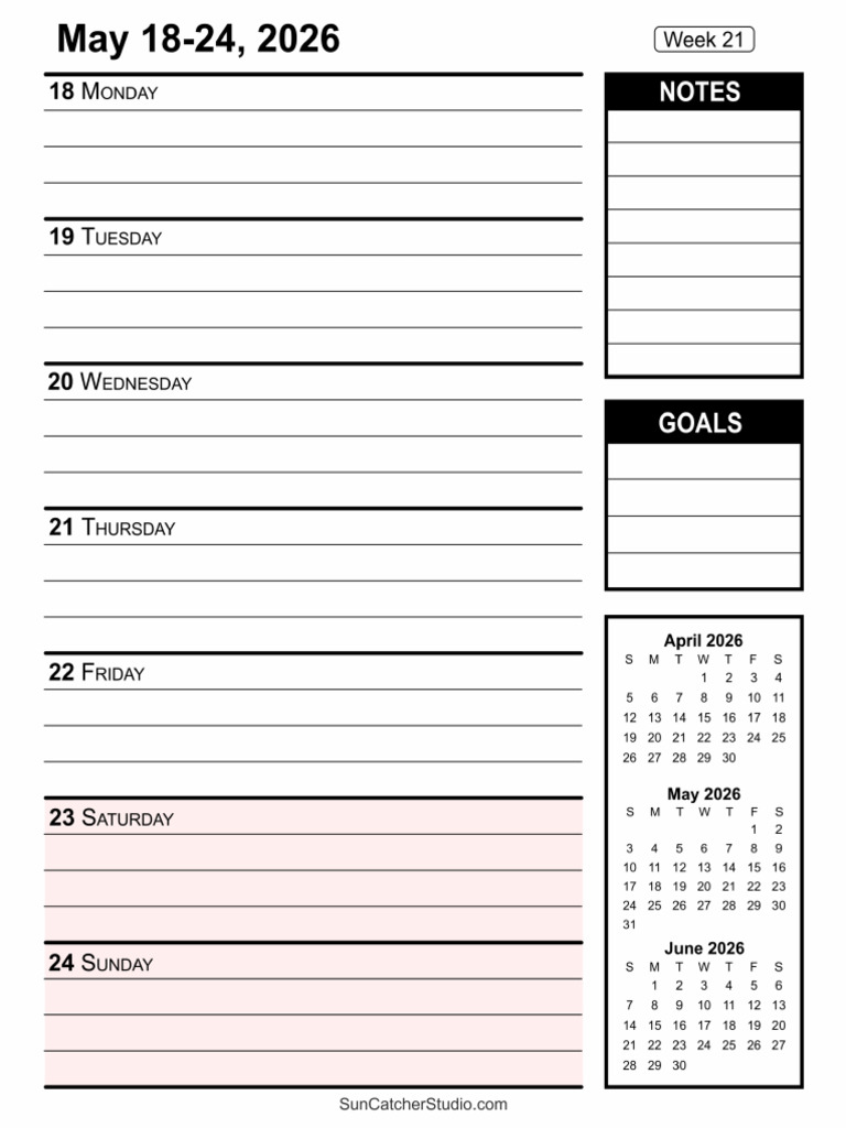 2026 Printable Weekly Calendar Weeks 21 25 | PDF
