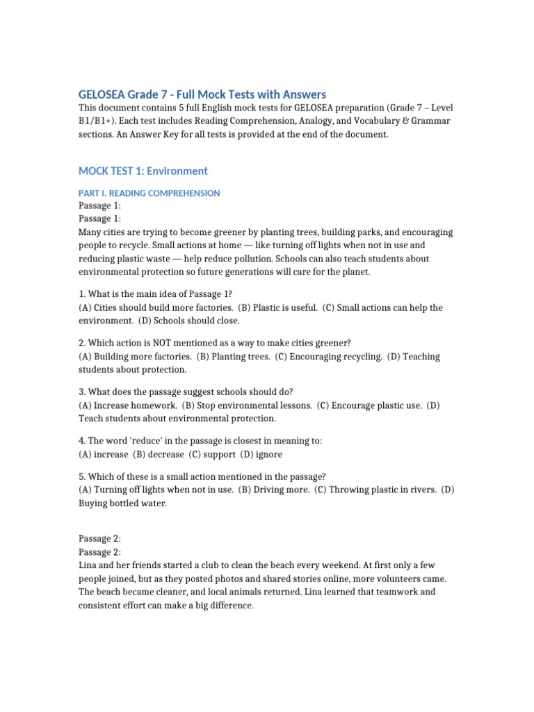 Grade 7 GELOSEA Mock Tests & Answers | PDF