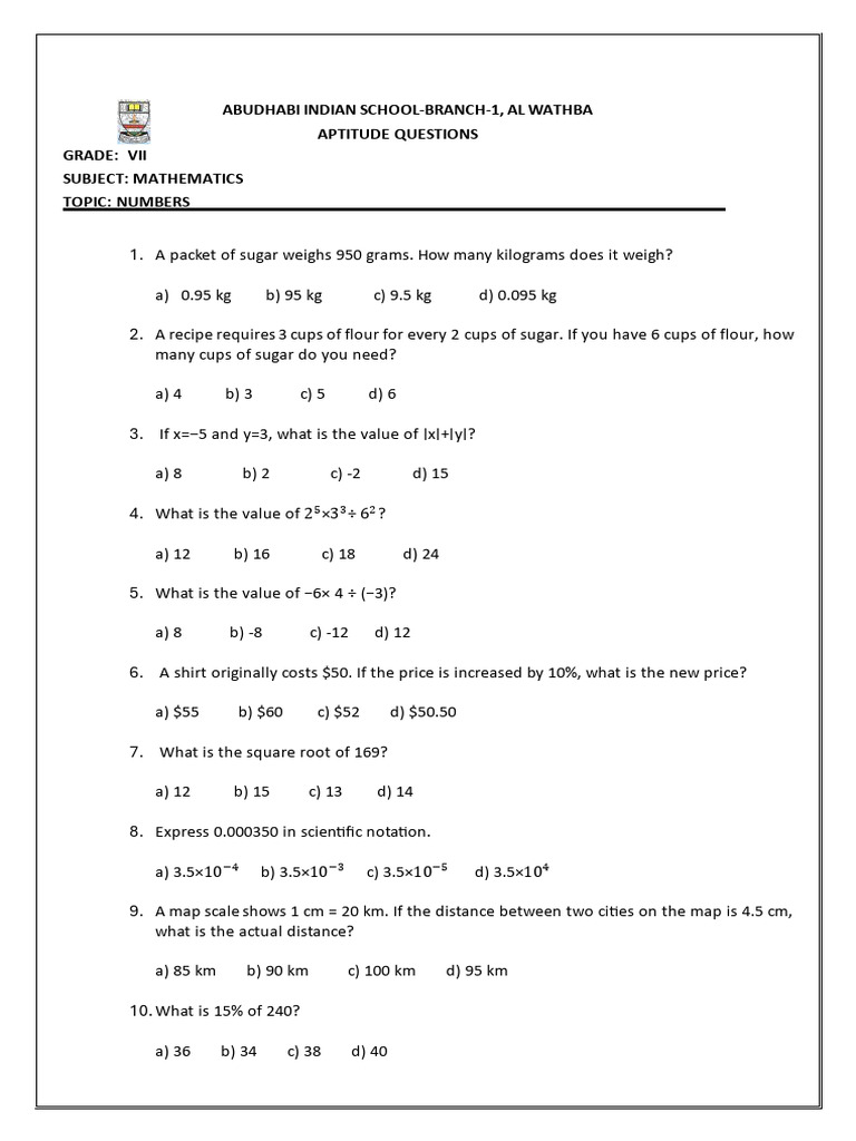 Grade VII Math Aptitude Questions | PDF