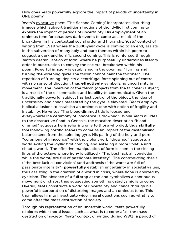 How Does Yeats Powerfully Explore the Impact of Periods of Uncertainty ...