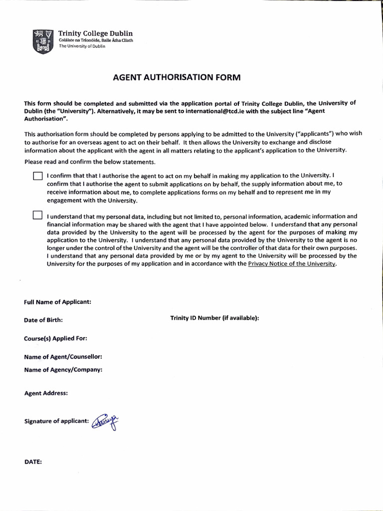 Trinity College Dublin Agent Form | PDF
