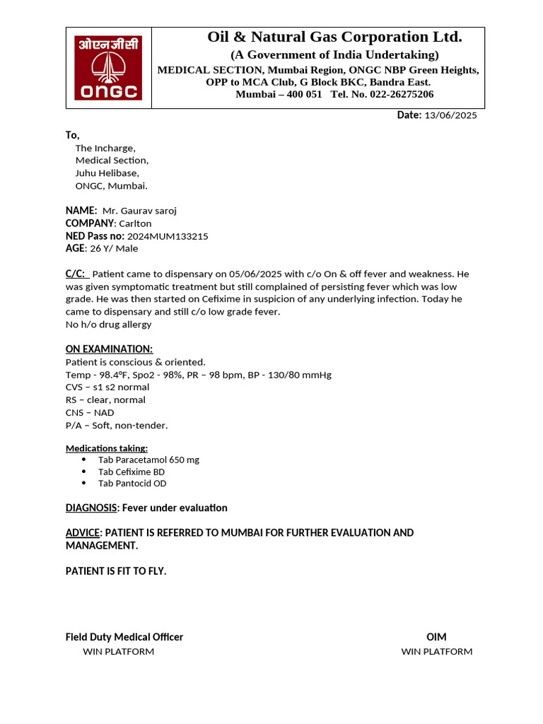 ONGC Medical Report: Patient Evaluation | PDF