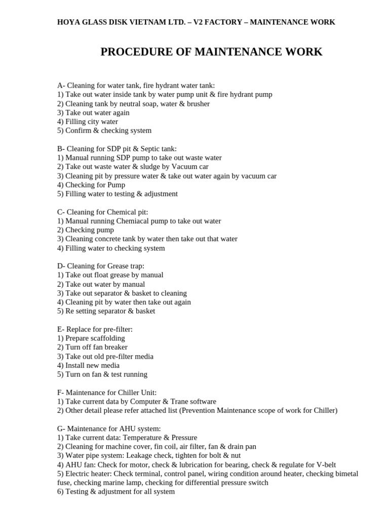 Maintenance Work Procedure (Hoya V2) | PDF | Pump | Water