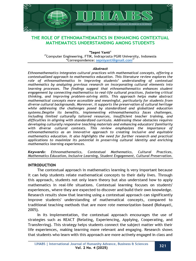 Ethnomathematics in Contextual Learning | PDF | Learning | Mathematics