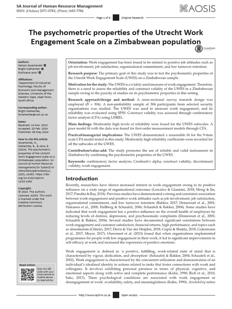 Psychometric Properties of UWES in Zimbabwe | PDF | Factor Analysis ...