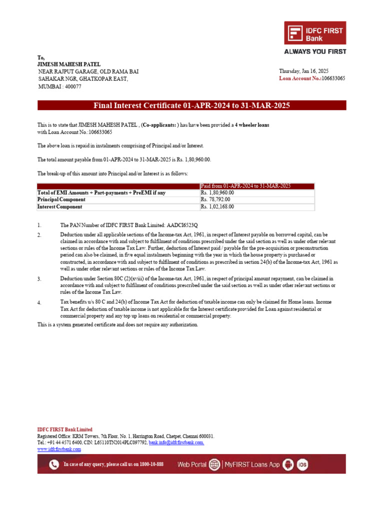 EV Interest Certificate | PDF | Tax Deduction | Loans