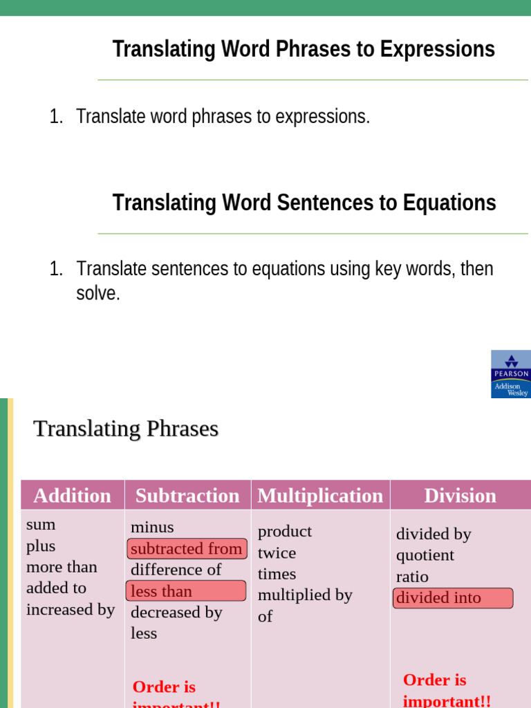 Translation From Words To Algebraic Expressions | PDF | Subtraction ...