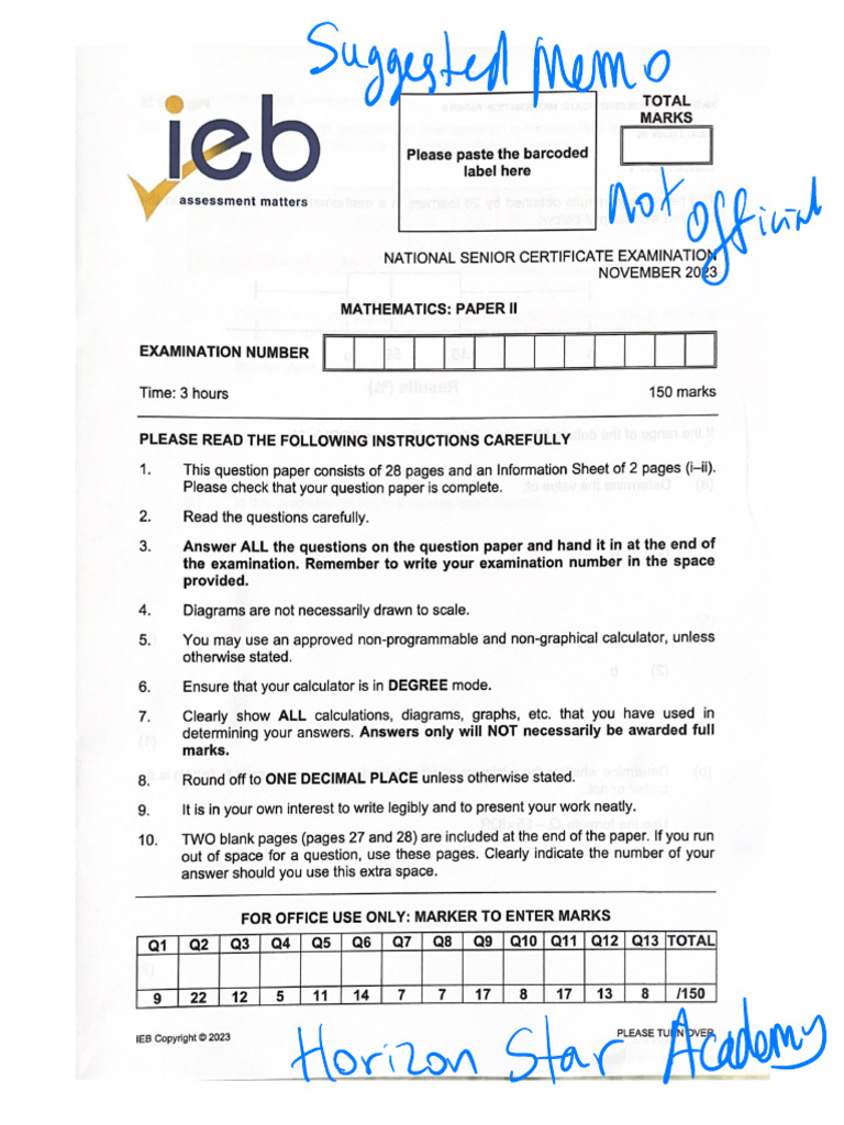 Ieb 2023 Maths P2 Suggested Memo by MrB. | PDF