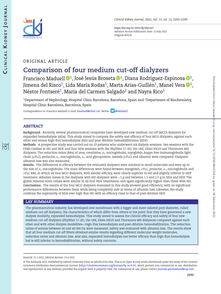 Efficacy of Four Medium Cut-Off Dialyzers | PDF | Hemodialysis ...
