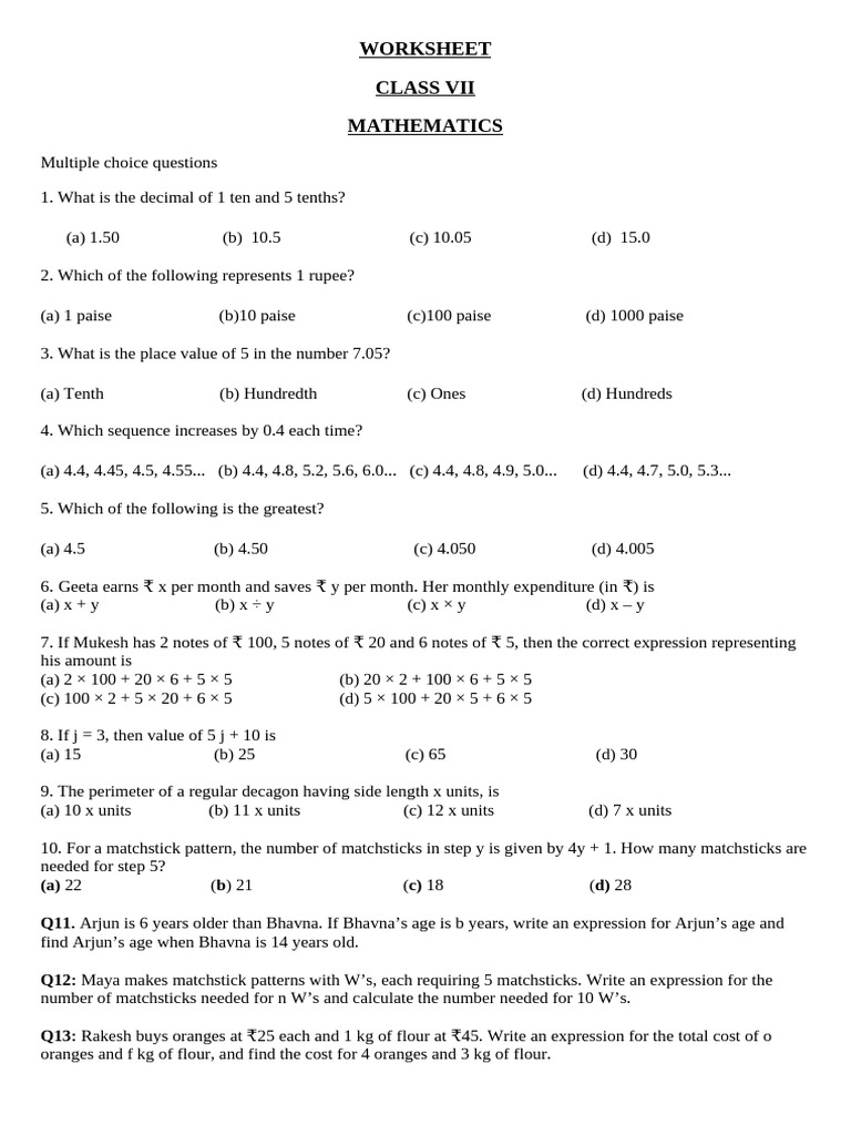 Class VII Math MCQ Worksheet | PDF | Rupee | Arithmetic