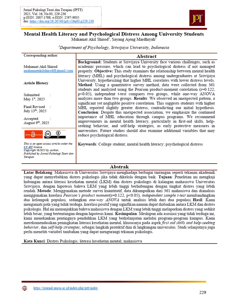 Mental Health Literacy and Psychological Distress Among University ...