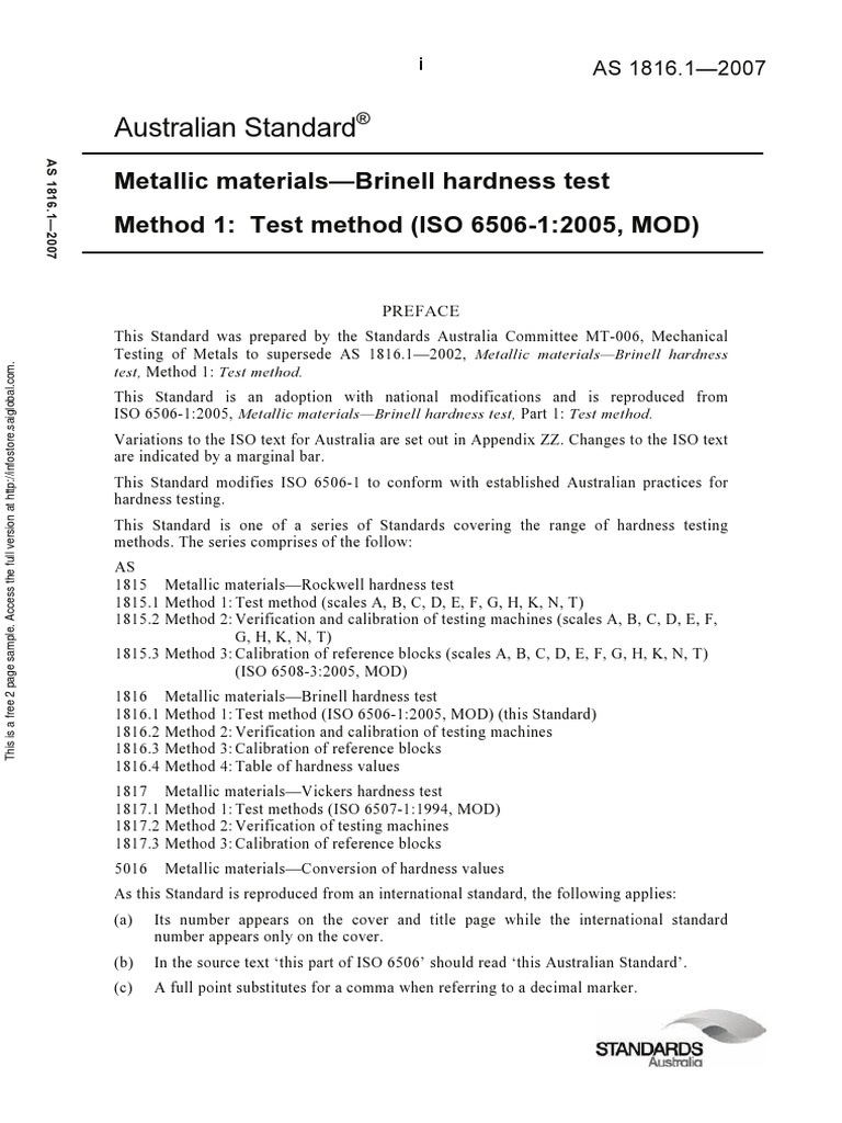 As 1816.1-2007 Metallic Materials - Brinell Hardness Test Test Method ...