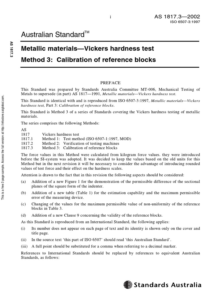 As 1817.3-2002 Metallic Materials - Vickers Hardness Test Calibration ...