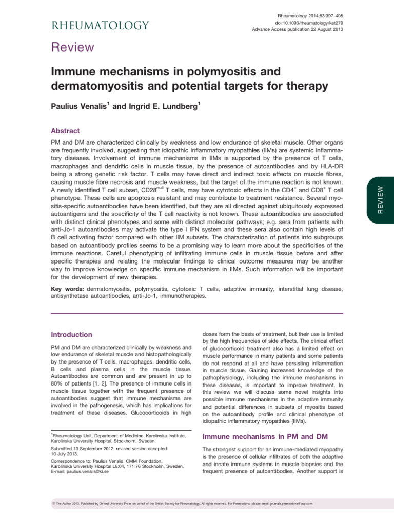 Immune Mechanisms in Polymyositis and Dermatomyositis and Potential ...