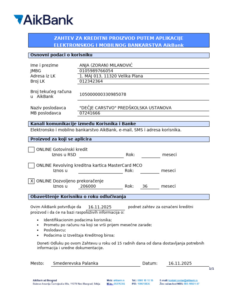 Zahtev Za Uspostavljanje Poslovnog Odnosa Online Kredit - ANJA (ZORAN) MILANOVIĆ | PDF