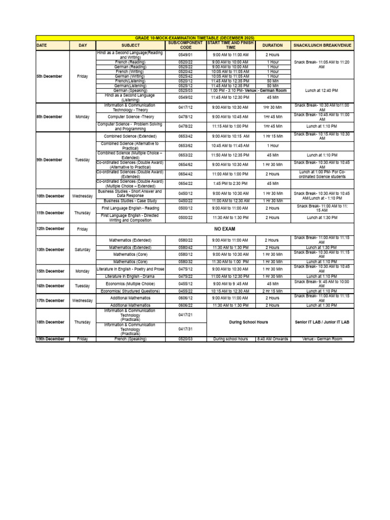 Grade-10 Mock-exam Timetable (December 25).Xlsx - Sheet1 | PDF