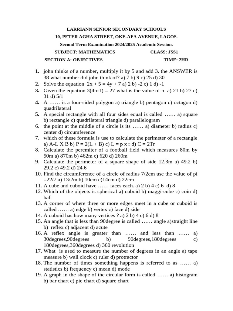 Larriann Senior Secondary Schools - jss1 Mathematics | PDF | Rectangle ...