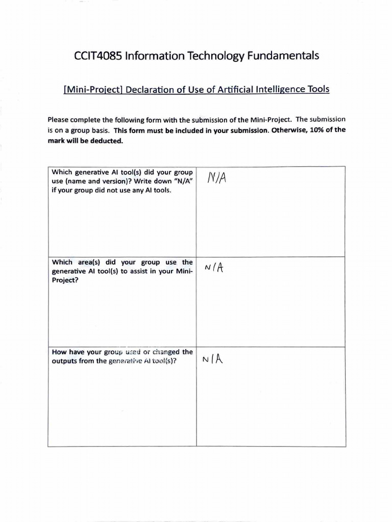 CCIT4085 CL51 Declaration of Use of AI Tools | PDF