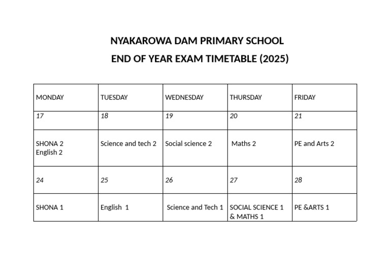 End of YEAR 2025 EXAM Timetable | PDF