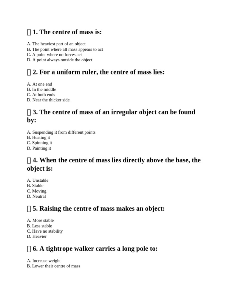 Understanding Centre of Mass and Stability | PDF | Force | Mass