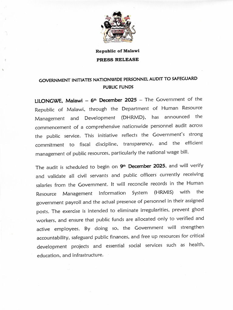 Press Release - Government Initiates Nataionwide Personal Audit to ...