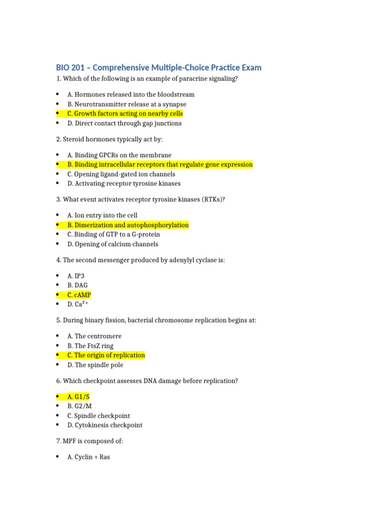 BIO 201: MCQ Practice Exam Guide | PDF | Chromosome | Biochemistry