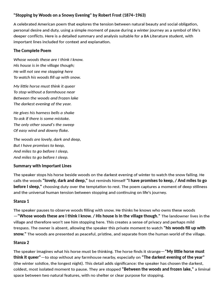 Frost's "Stopping by Woods": Analysis & Themes | PDF | Poetry