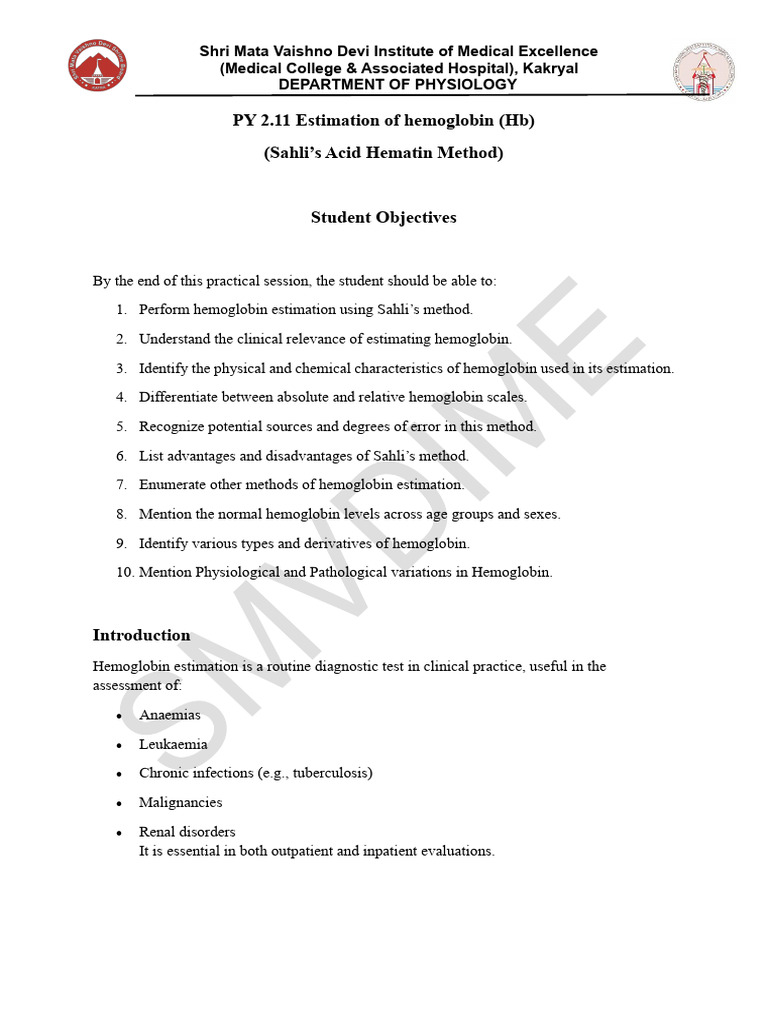Hemoglobin Estimation Using Sahli's Method | PDF | Hemoglobin | Hematology
